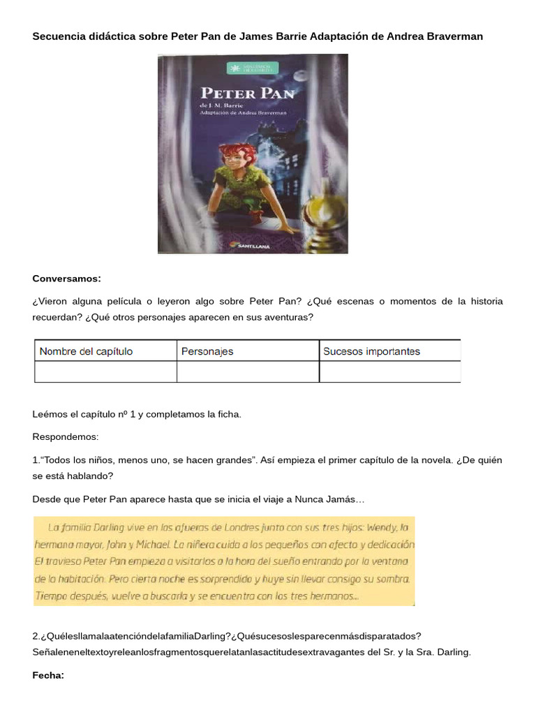 Secuencia Didáctica Sobre Peter Pan de James Barrie Adaptación de Andrea Braverma1 | PDF | Peter Pan