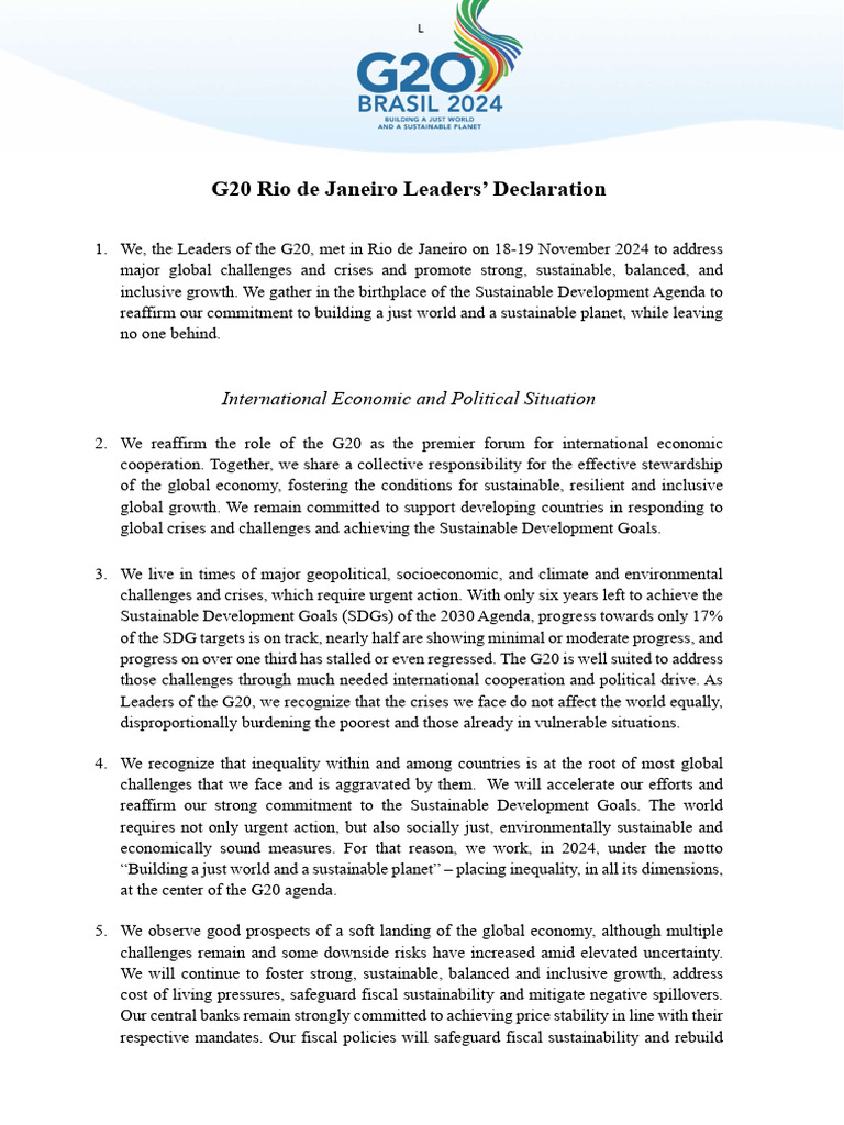 G20 Rio de Janeiro Leaders Declaration FINAL | PDF | Cost Of Living ...
