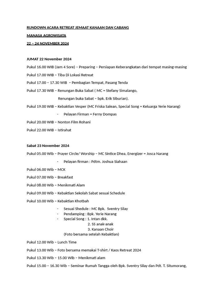 Rundown Acara Retreat Jemaat Kanaan Dan Cabang | PDF | Seni
