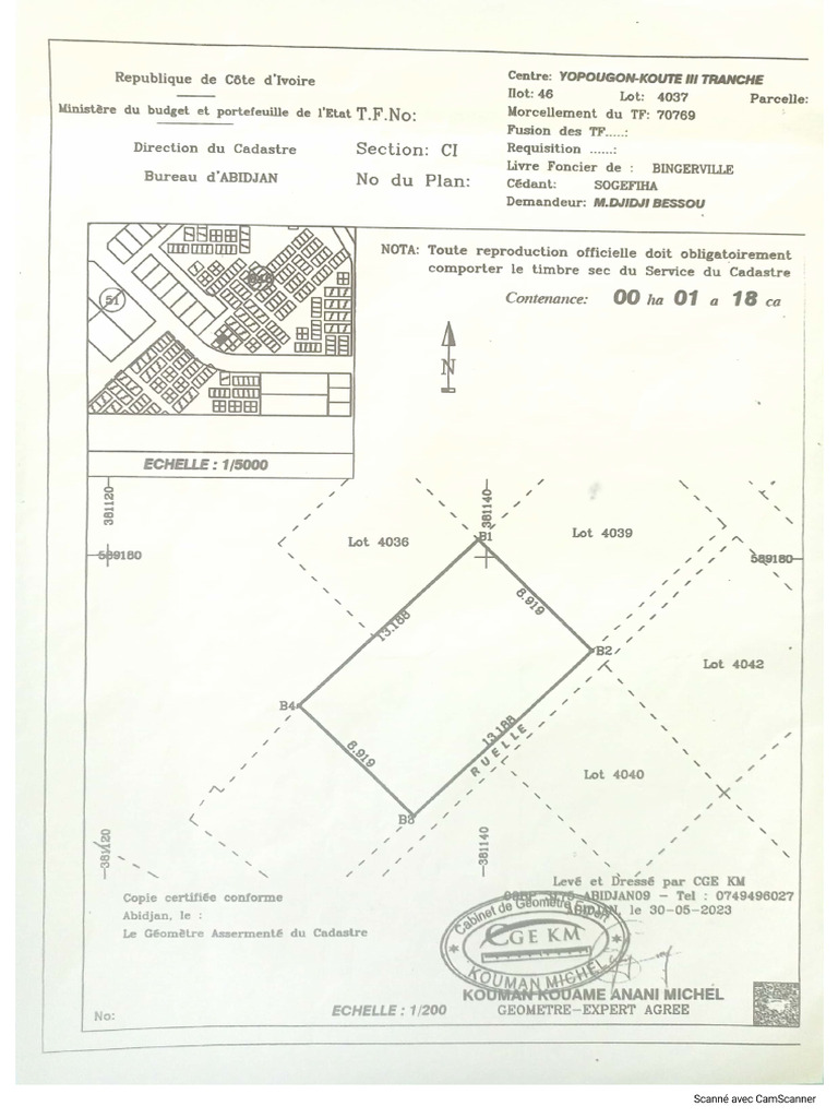 Extrait Topo lots 4037 de Yop Kouté | PDF