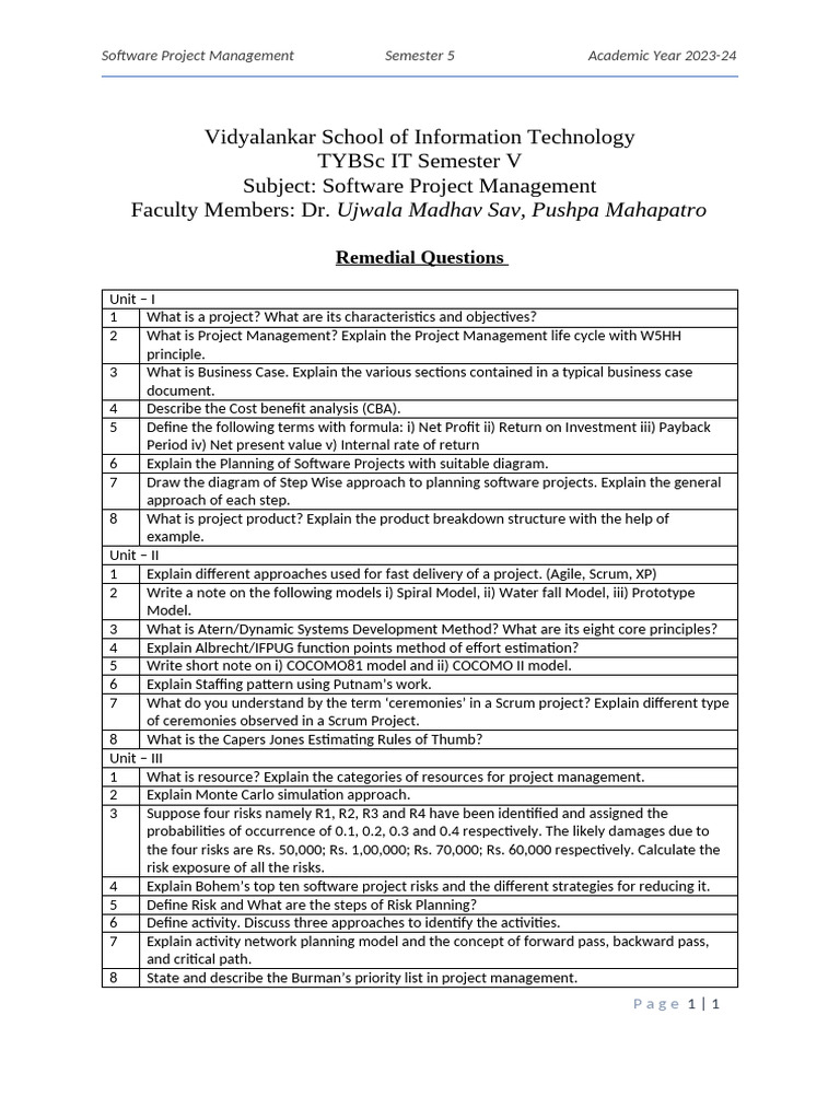 TY BScIT SPM Remedial Questions 2023-24 | PDF | Project Management | Risk