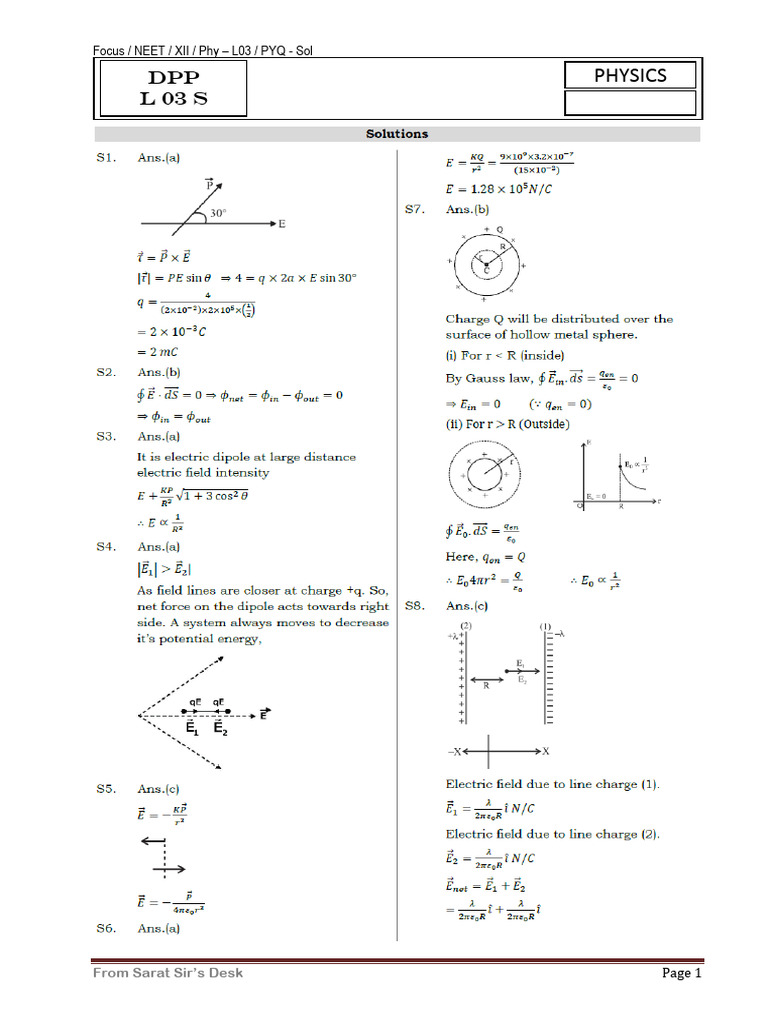 PHYSICS NEET DPP PYQ L 03 - Solution | PDF