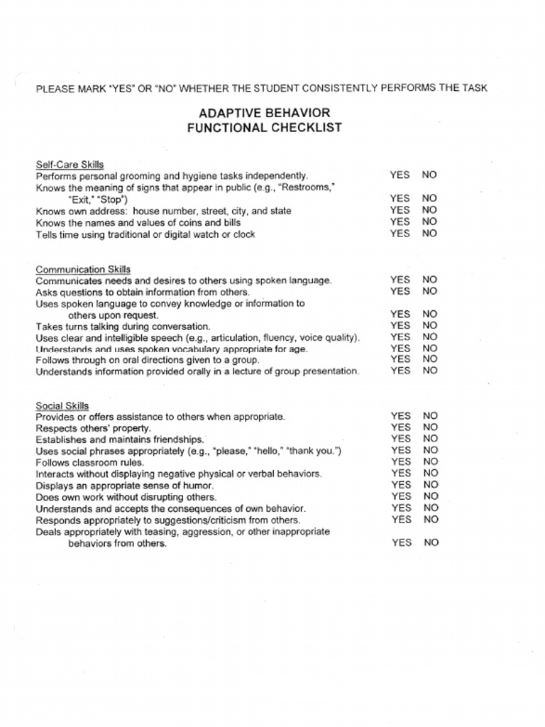 Adaptive Behavior Functional Checklist | PDF