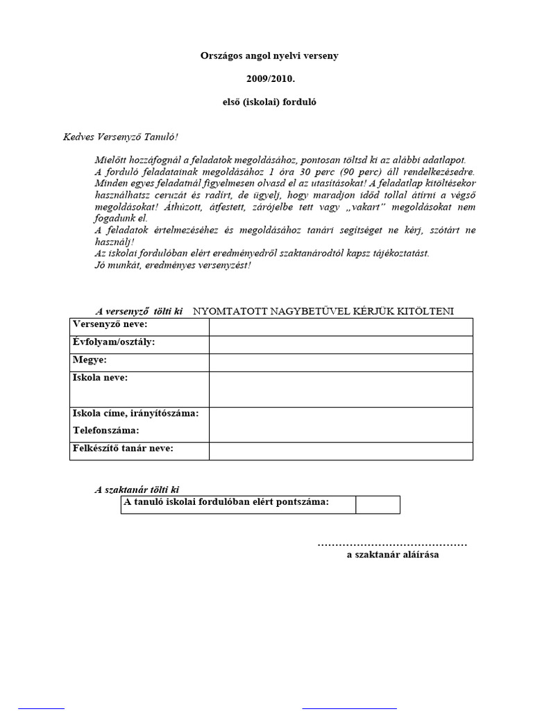 Országos Angol Nyelvi Verseny 2009/2010 | PDF | Design | Computing