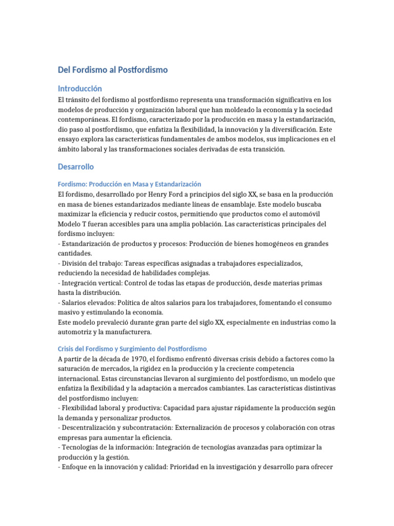 Del Fordismo Al Postfordismo | PDF | Outsourcing | Division de trabajo
