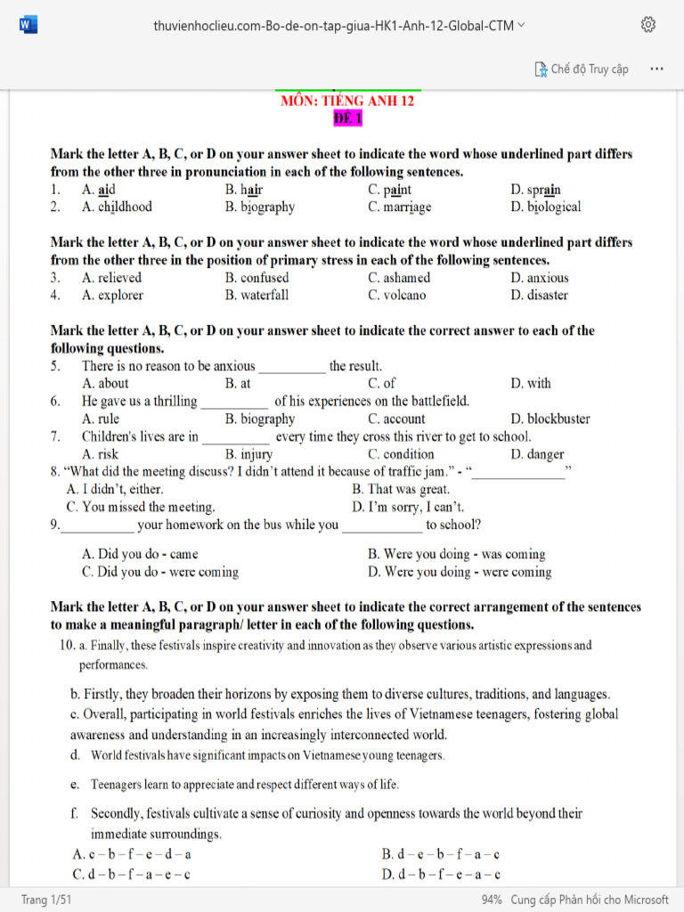 Bo de On Tap Giua HK1 Anh 12 Global CTM | PDF