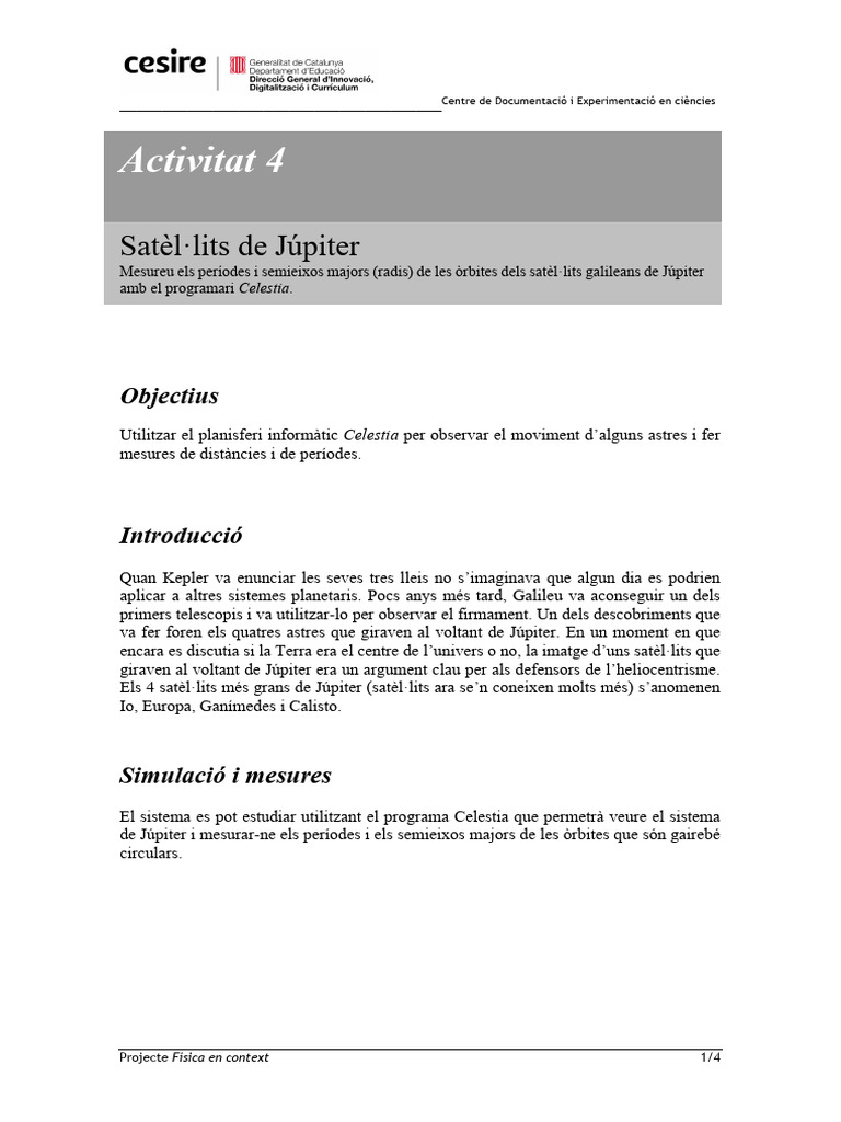 Activitat 4 Els Satellits de Jupiter | PDF