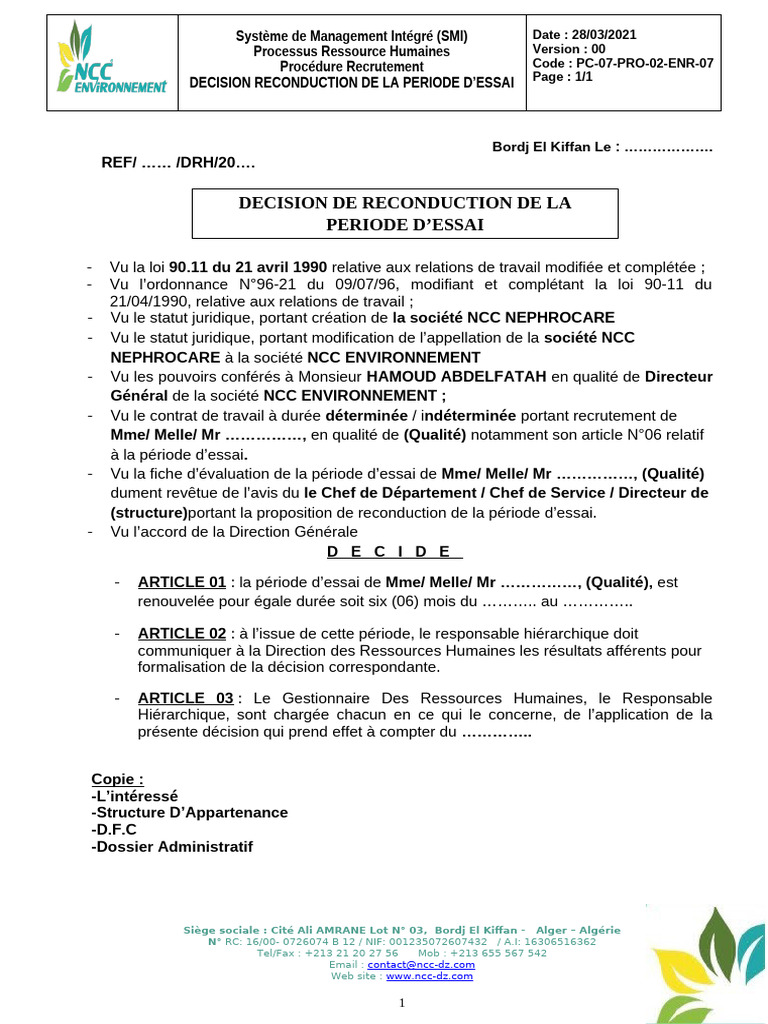 Reconduction de Période d'Essai SMI | PDF | Gestion des ressources humaines