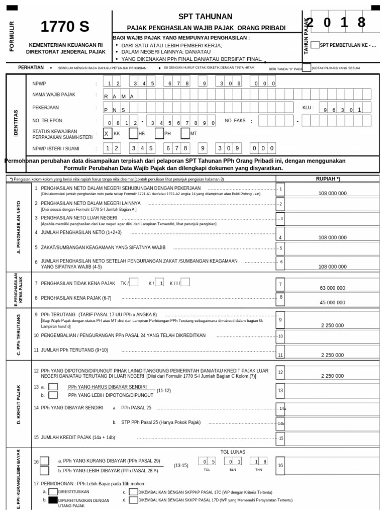 Formulir Excel SPT Tahunan PPH Orang Pribadi - 1770 S | PDF