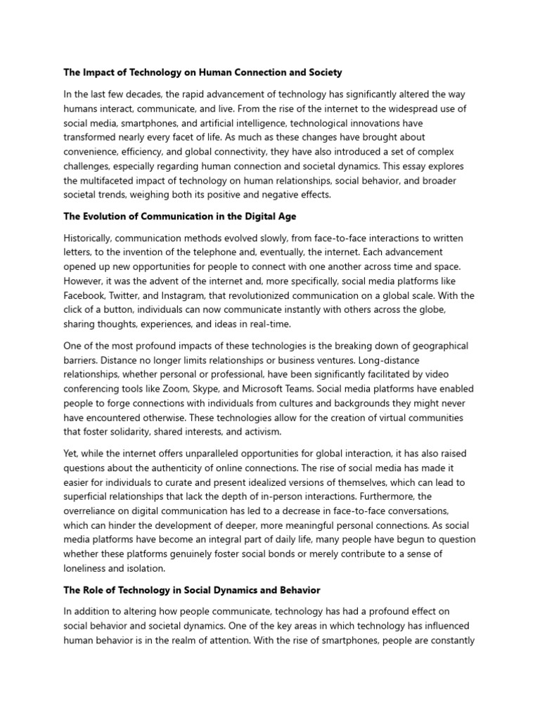 The Impact of Technology On Human Connection and Society | PDF | Social ...