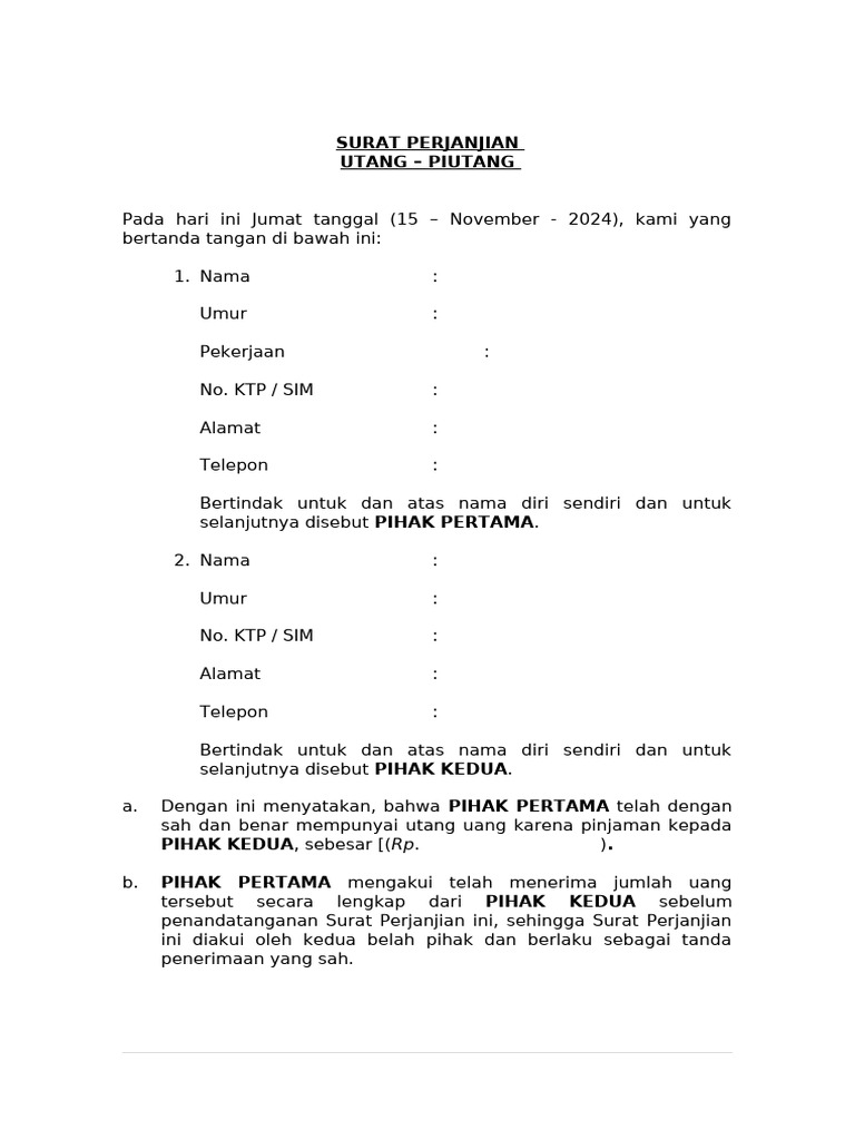 Contoh Surat Perjanjian Utang Piutang FH UII | PDF