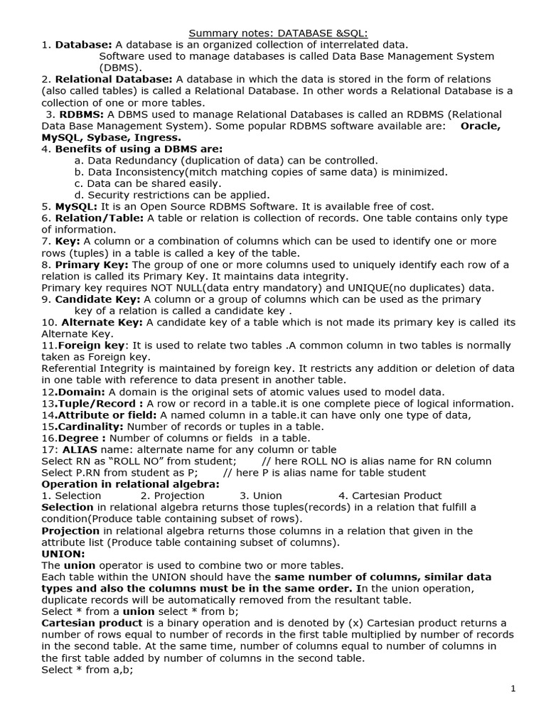 Summ Revision XII IP | PDF | Relational Database | Relational Model