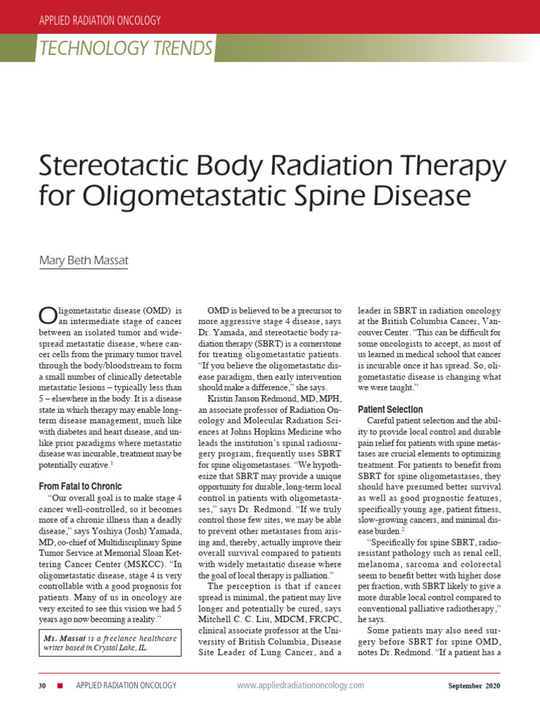 Stereotactic Body Radiation Therapy Fo Oligometastatic SPine Disease | PDF | Radiation Therapy ...