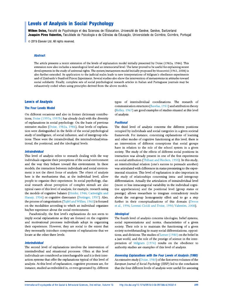 Levels of Analysis in Social Psychology - Doise & Valentim Levels of ...