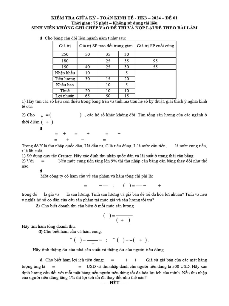 Kiem Tra Giua Ky Toan Kinh Te Hk3 2024 | PDF