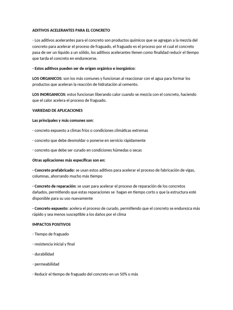 Aditivos Acelerantes para El Concreto | PDF | Hormigón | Cemento