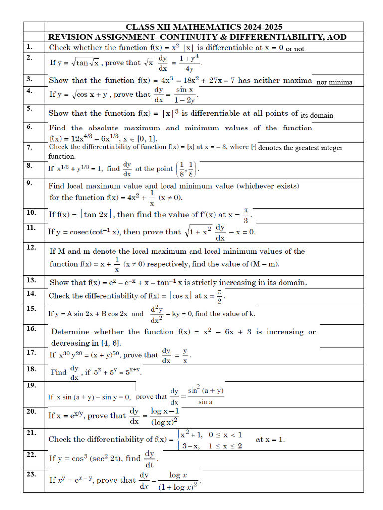 Revision Assignment Continuity Differentiability and Application of Derivatives | PDF ...