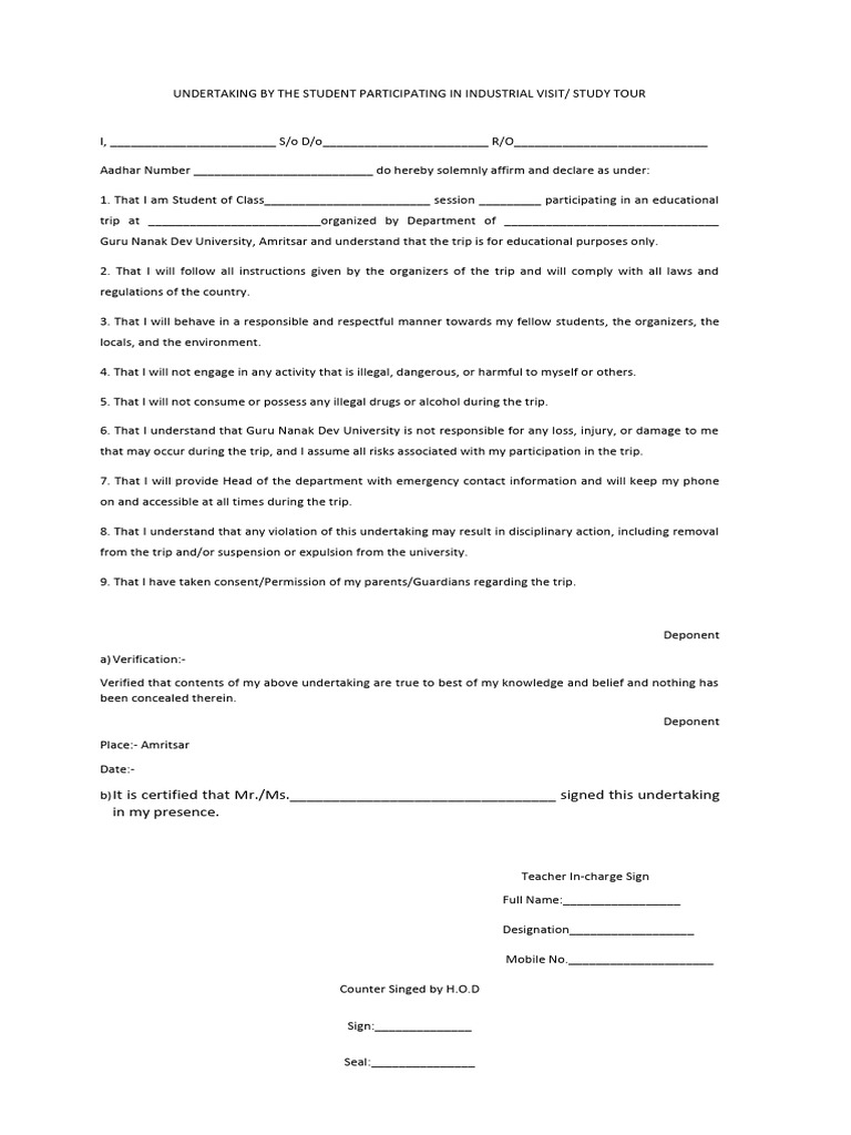 Undertaking by The Student Participating in Industrial Visit | PDF