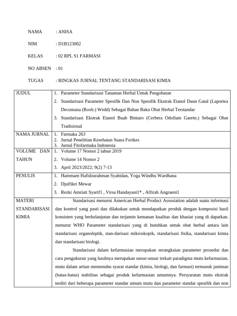 Ringkas Jurnal Tentang Standarisasi Kimia | PDF | Kesehatan Holistik