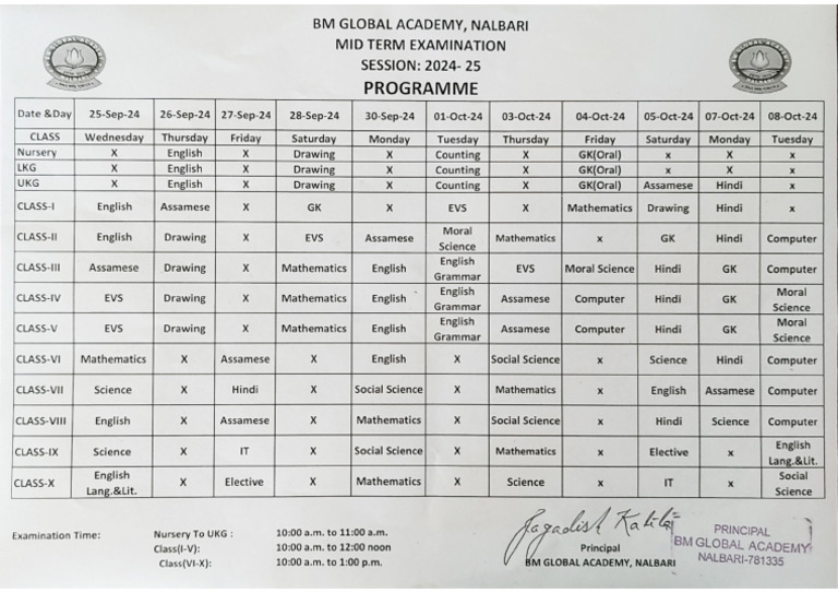 Mid Term Exam Time Table. | PDF