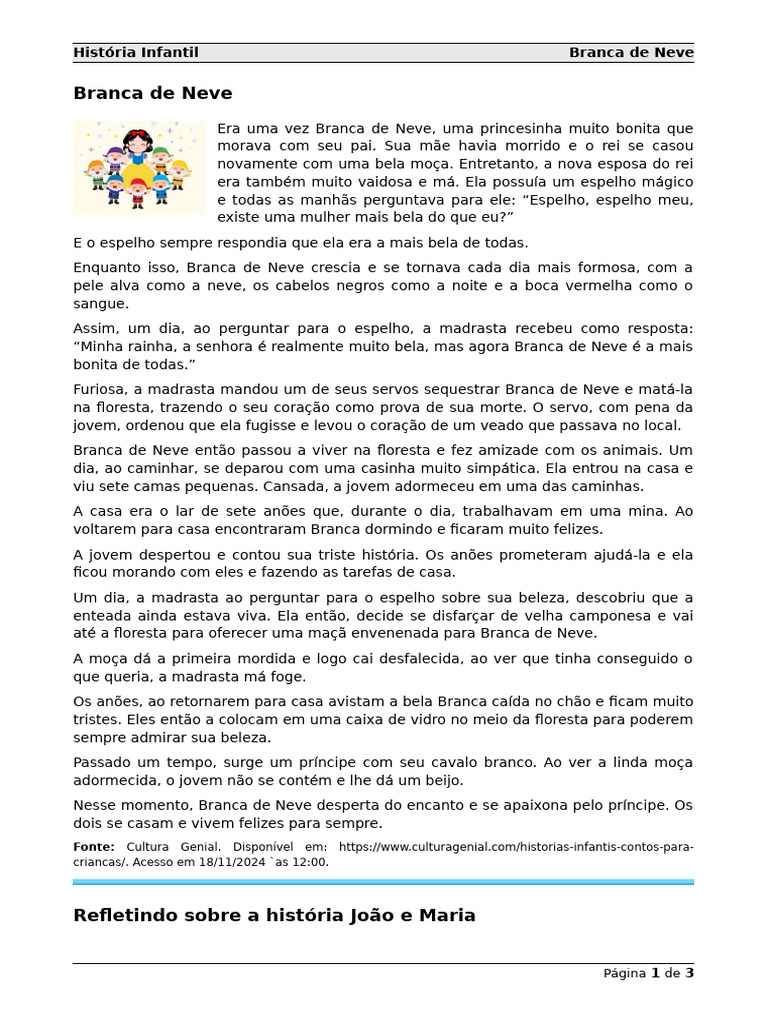 Resumo da História da Branca de Neve | PDF | Branca de Neve