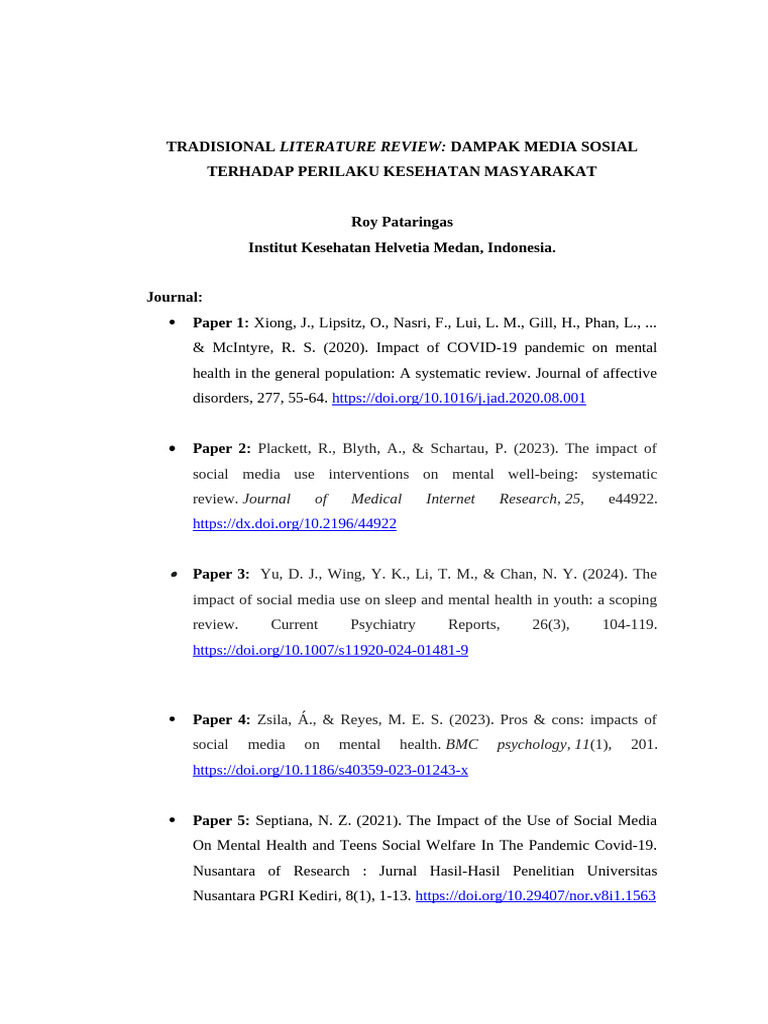 Roy Pataringas (2302012032) Tradisional Literature Review Dampak Media Sosial Terhadap Perilaku ...
