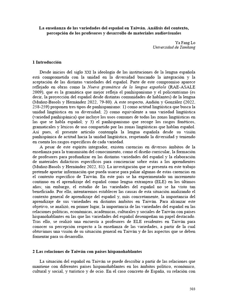 La Enseñanza de Las Variedades Del Español en Taiwán. Análisis Del ...