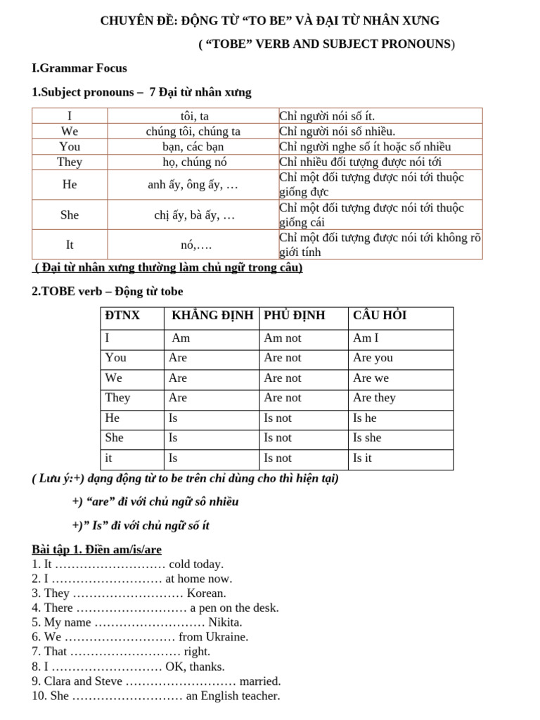 Tobe and Subject Pronouns | PDF