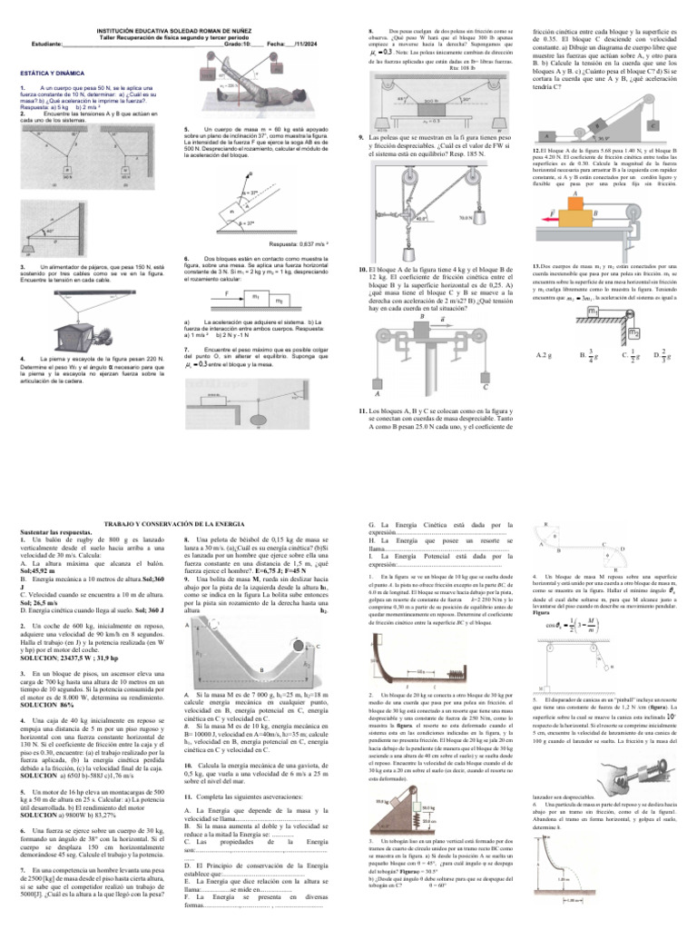 Taller Recuperacion Segundo y Tercer Periodo | PDF | Fricción | Fuerza