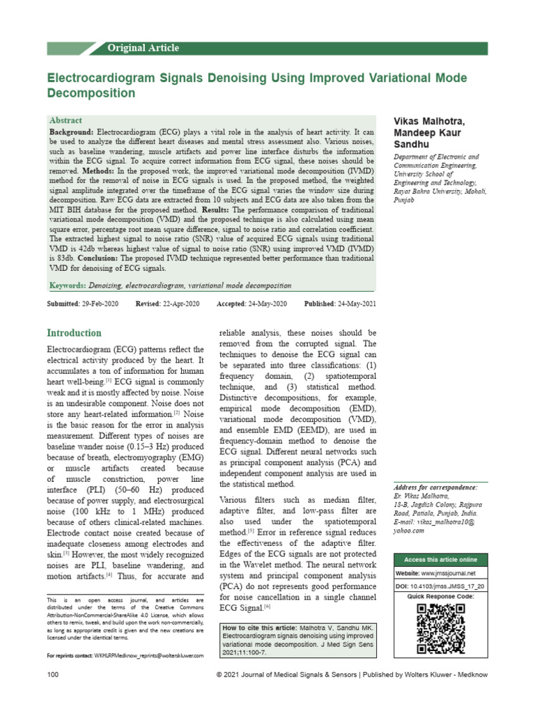 JMSS 11 100 | PDF | Wavelet | Signal To Noise Ratio