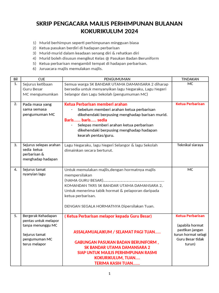Skrip Perhimpunan Kokurikulum 2024 | PDF