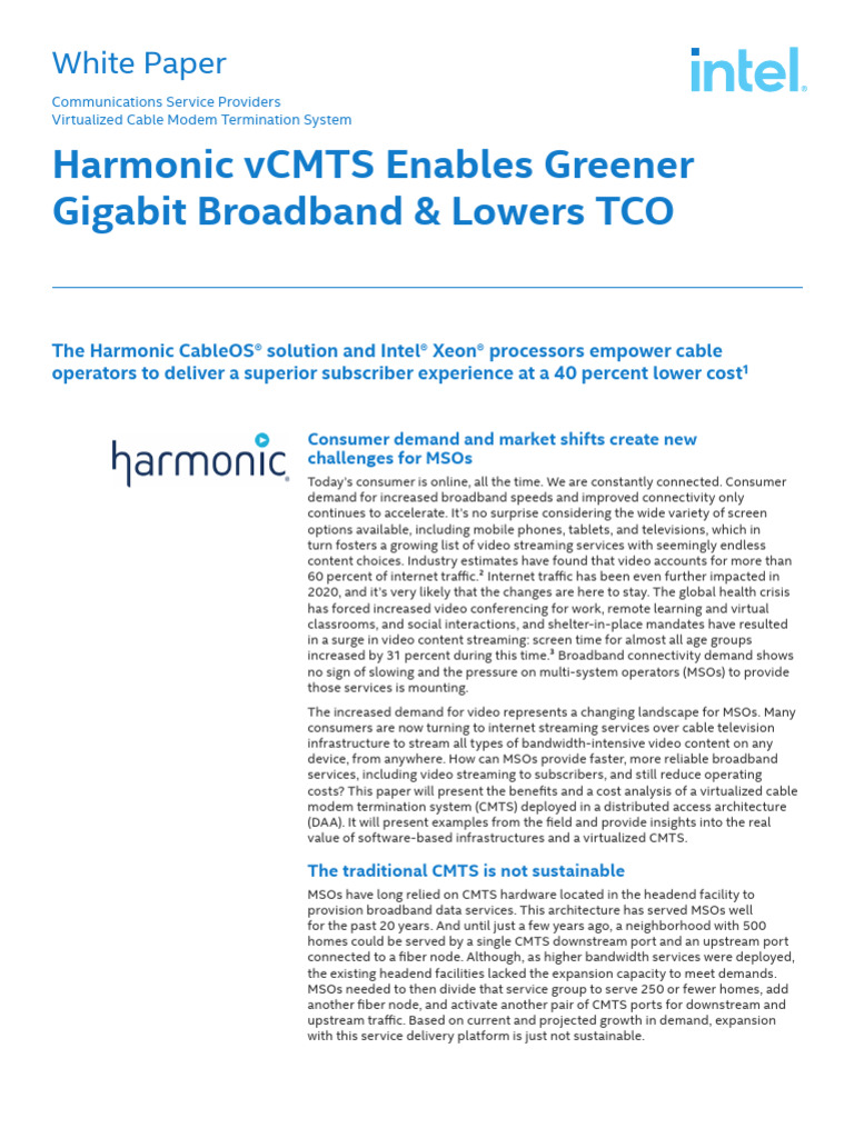 Harmonic Vcmts Enables Greener Gigabit Broadband Lowers Tco Intel | PDF ...