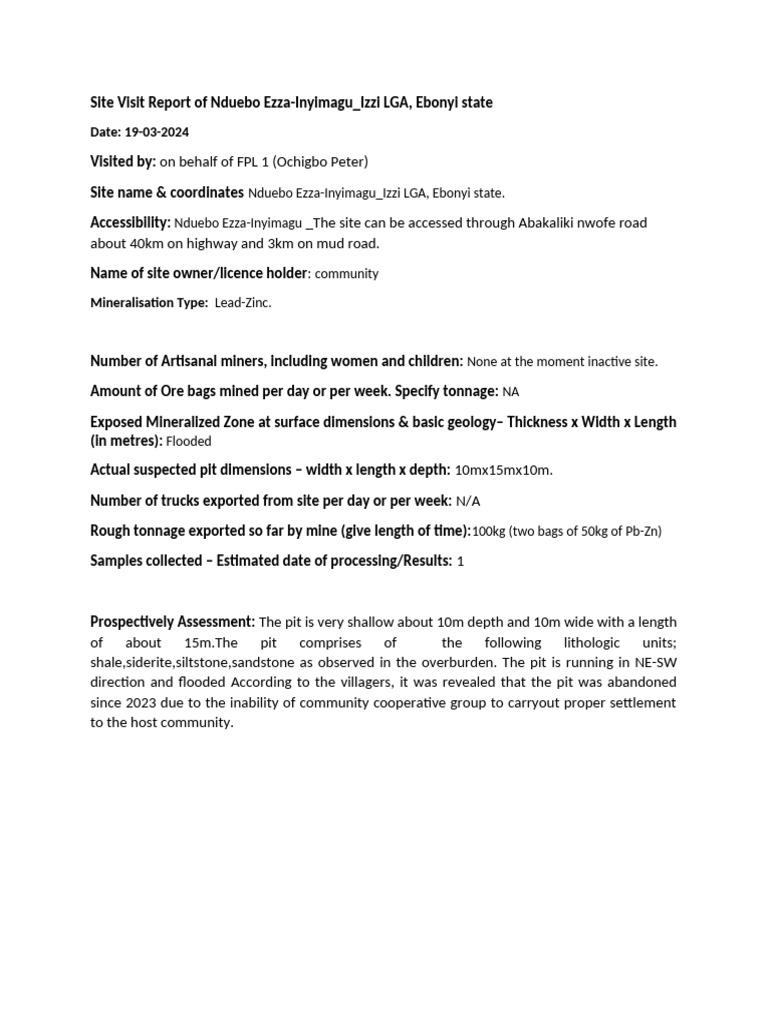 Site Visit Report - Nduebo Ezza-Inyimagu - Izzi LGA. 2 | PDF