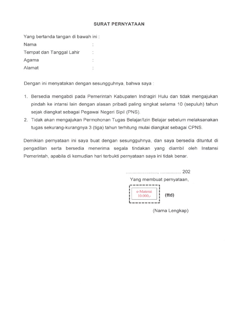 Surat Pernyataan Bersedia Mengabdi | PDF