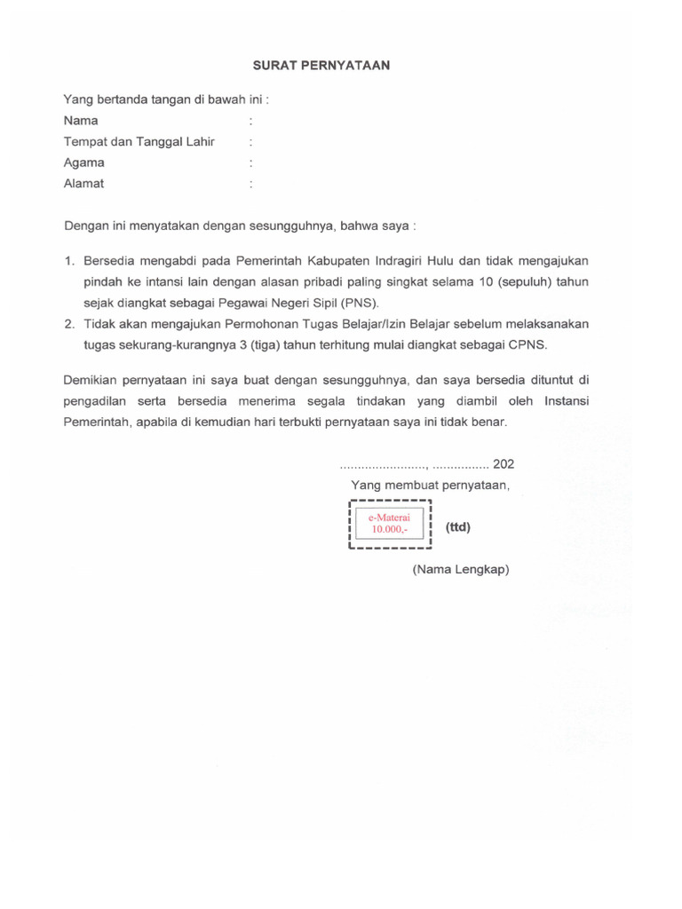 Surat Pernyataan Bersedia Mengabdi | PDF