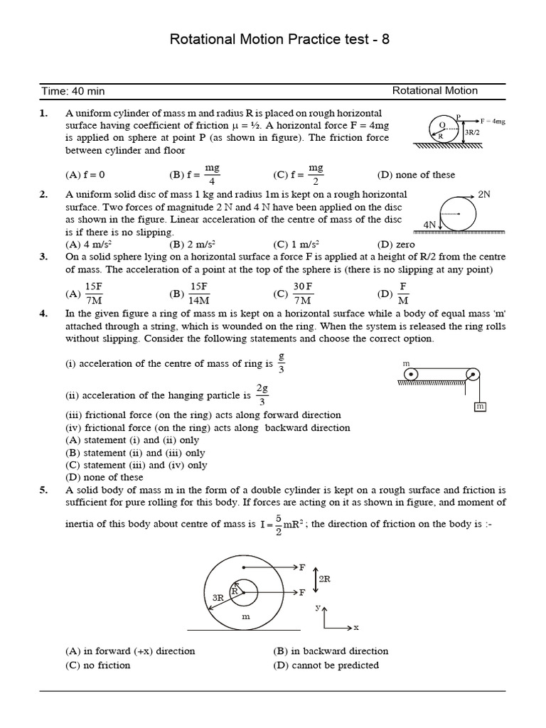 Rotational Motion Practice Test - 8 | PDF | Force | Friction