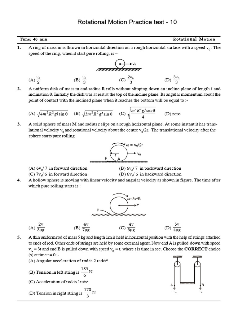 Rotational Motion Practice Test - 10 | PDF | Collision | Velocity