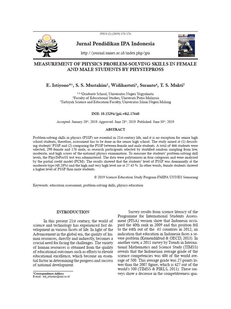 Measurement of Physics Problemsolving Skills in Female and Male Students by Phystepross - 2019 ...