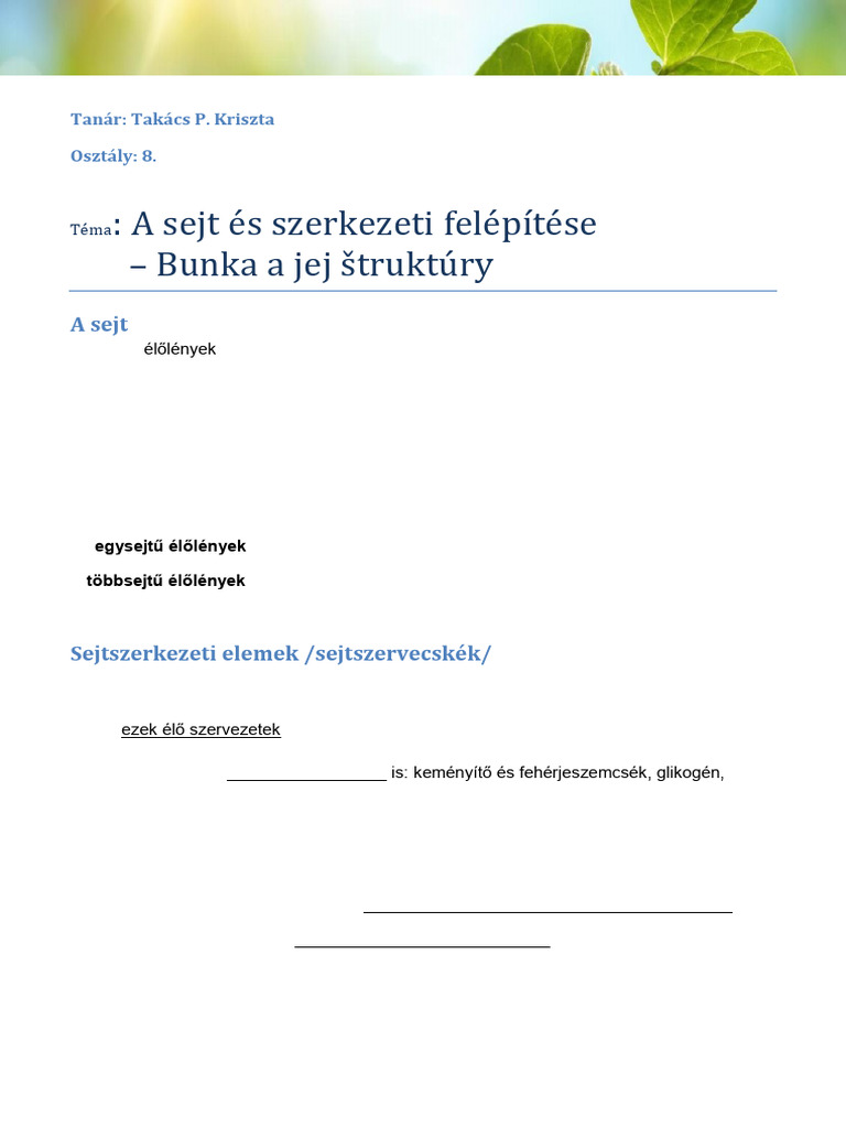 A Sejt Es Szerkezeti Felepitese | PDF