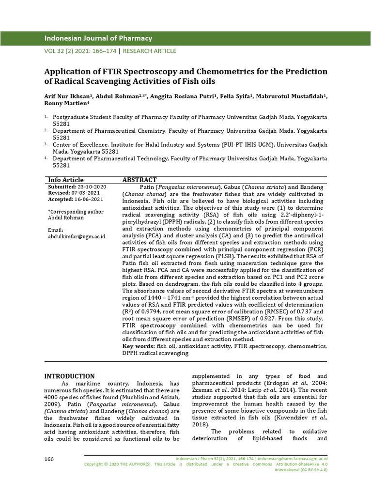 Application of FTIR Spectroscopy and Chemometrics For The Prediction of Radical Scavenging ...