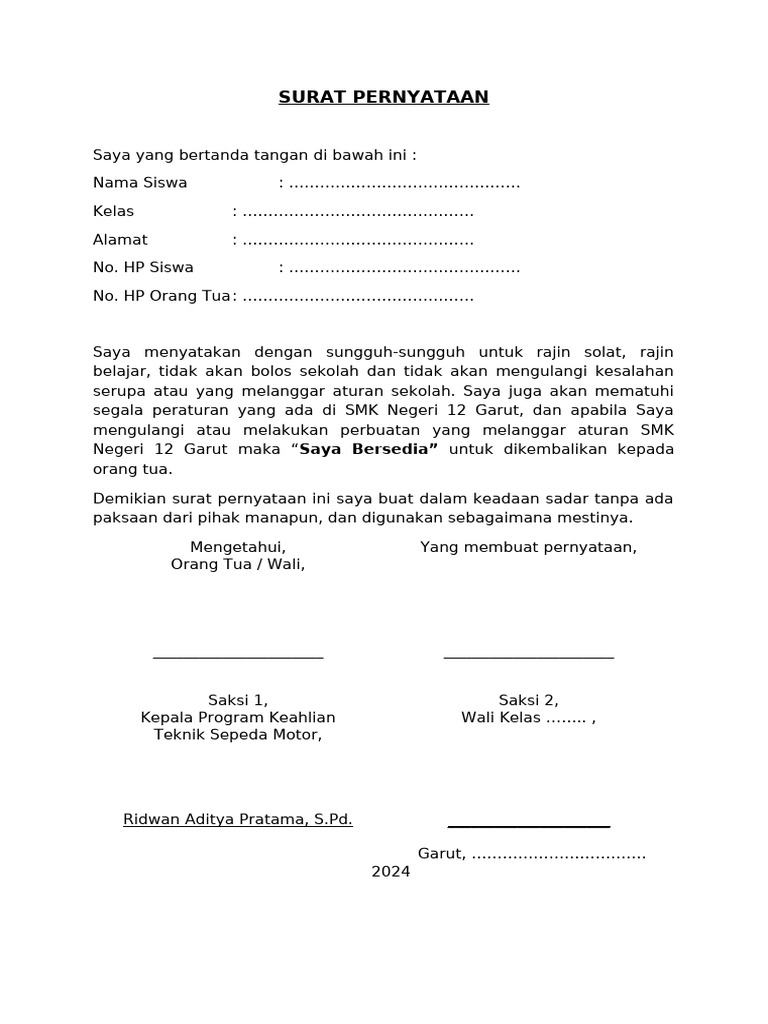 Format Surat Pernyataan Siswa | PDF