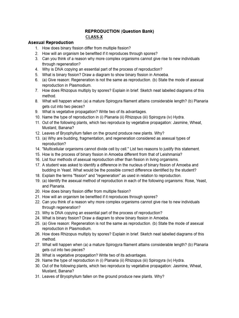 Reproduction Question Bank Class 10 - 240907 - 192153 | PDF | Sexual ...