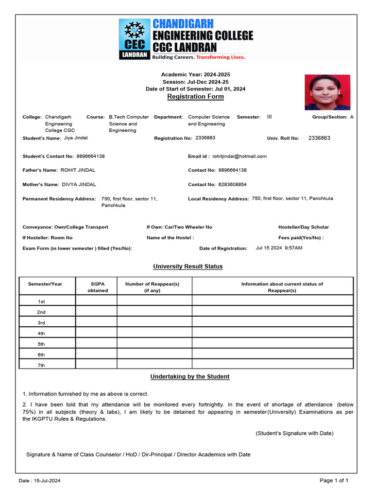 2024-2025 B.Tech Registration Form | PDF