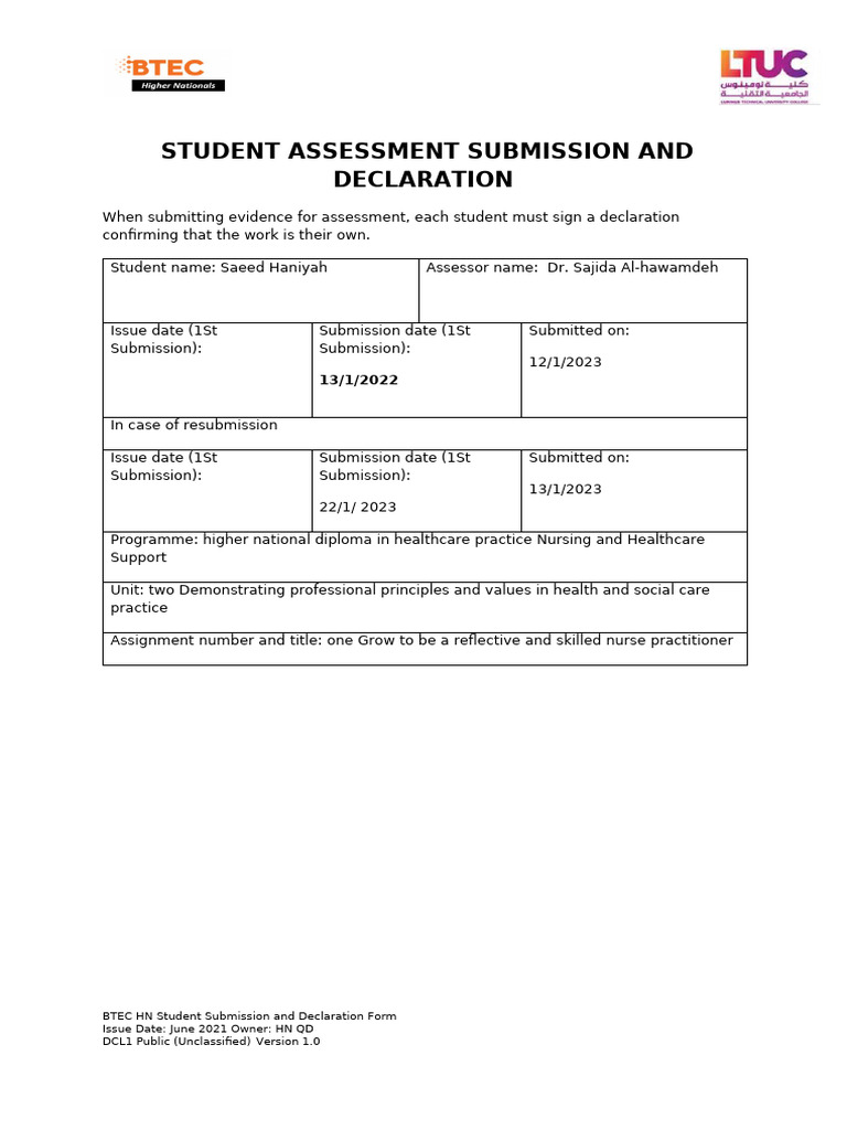 STUDENT ASSESSMENT SUBMISSION AND DECLARATION Ds. | PDF