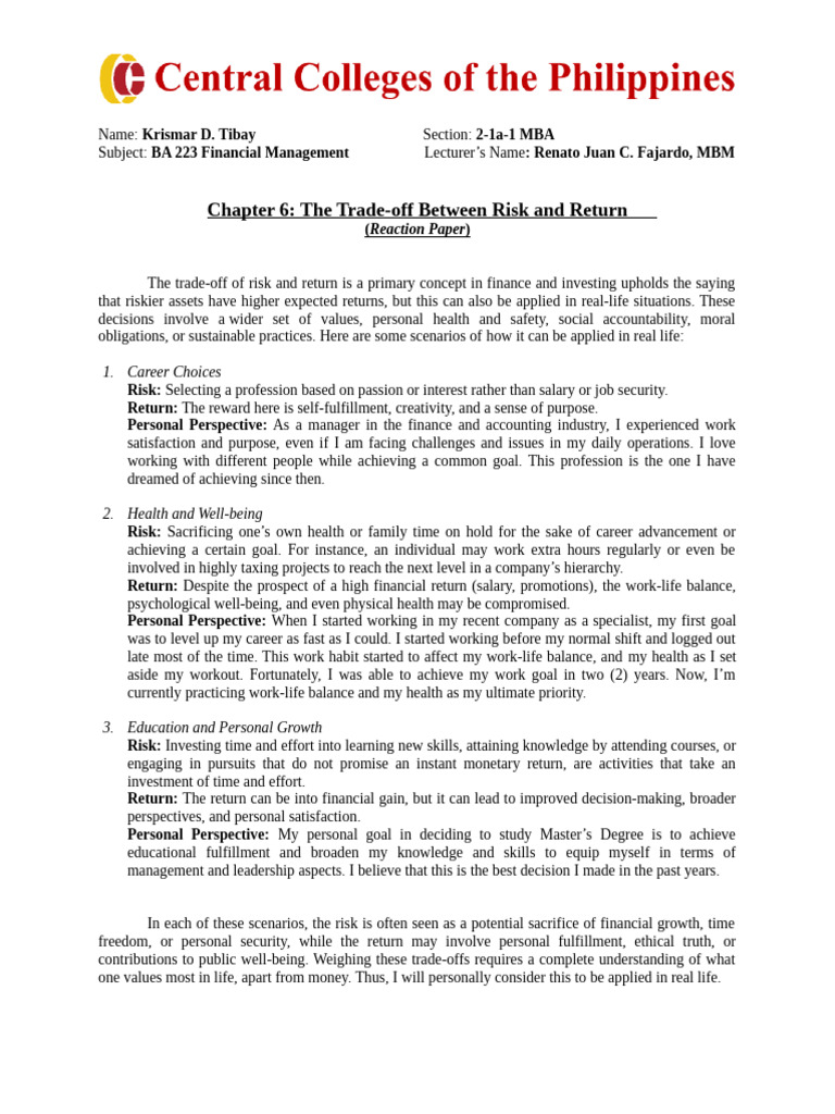 BA 223 Chapter 6 - Midterm Reaction Paper | PDF | Risk | Well Being