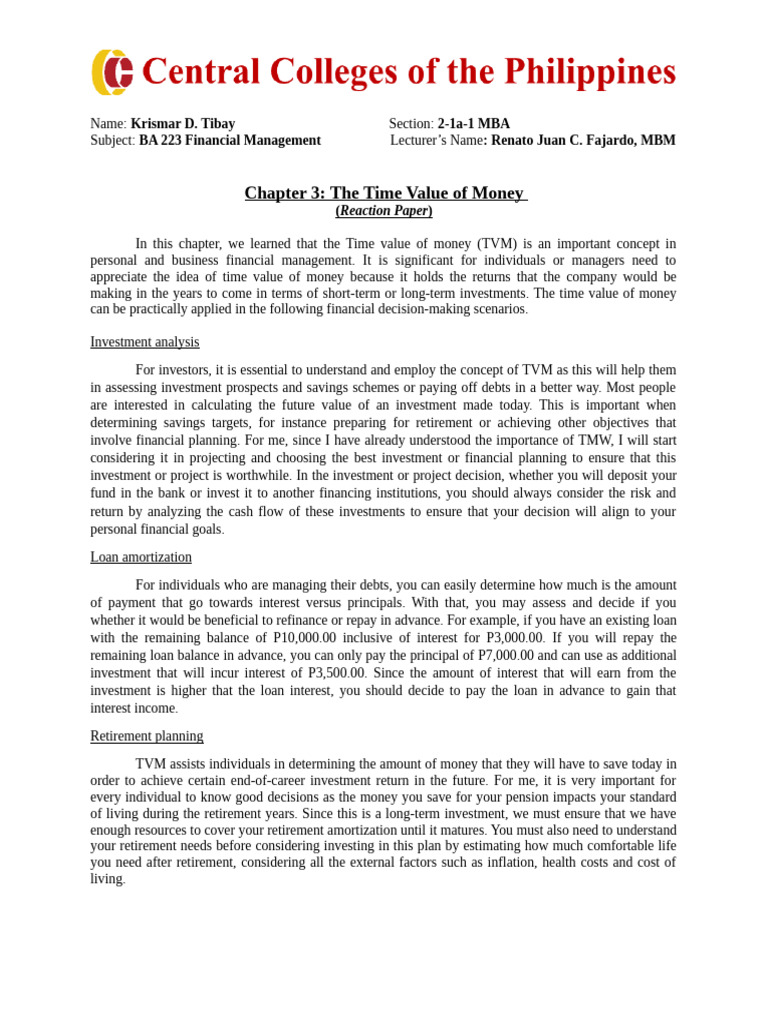 BA 223 Chapter 3 - Midterm Reaction Paper | PDF | Investing | Interest