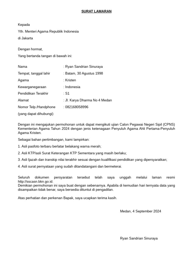 SURAT LAMARAN Ryan 2 | PDF