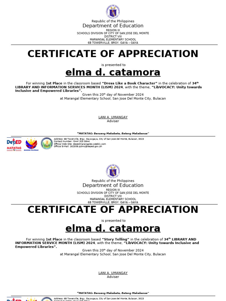Certificate-Story Telling-Dress Like A Book Character | PDF | Philippines