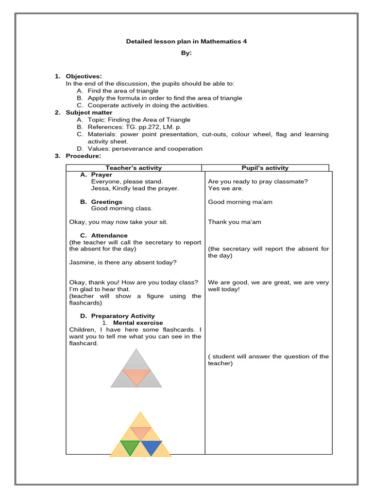 4 Detailed Lesson Plan in Mathematics 4 | PDF | Area