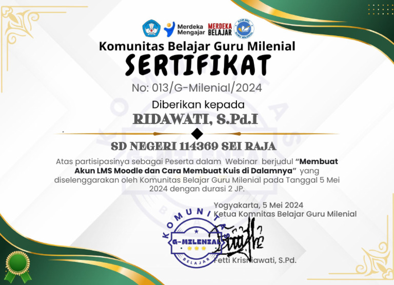 RIDAWATI, S.Pd.I Sertifikat Moodle | PDF